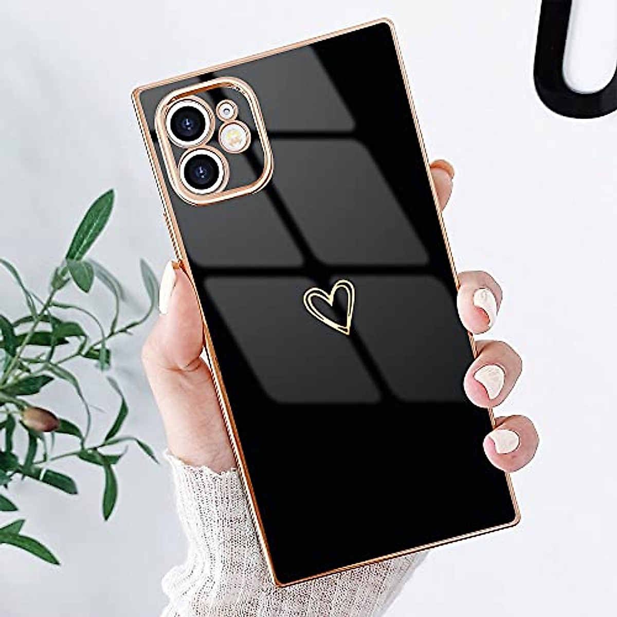 Pepmune Compatible with iPhone 11 Case, Women Cute Luxury Heart Design Shockproof Soft Bumper Girls Square Bling Silicone Camera Lens Protective Cover for Apple iPhone 11 Phone Cases Black 6.1 inch