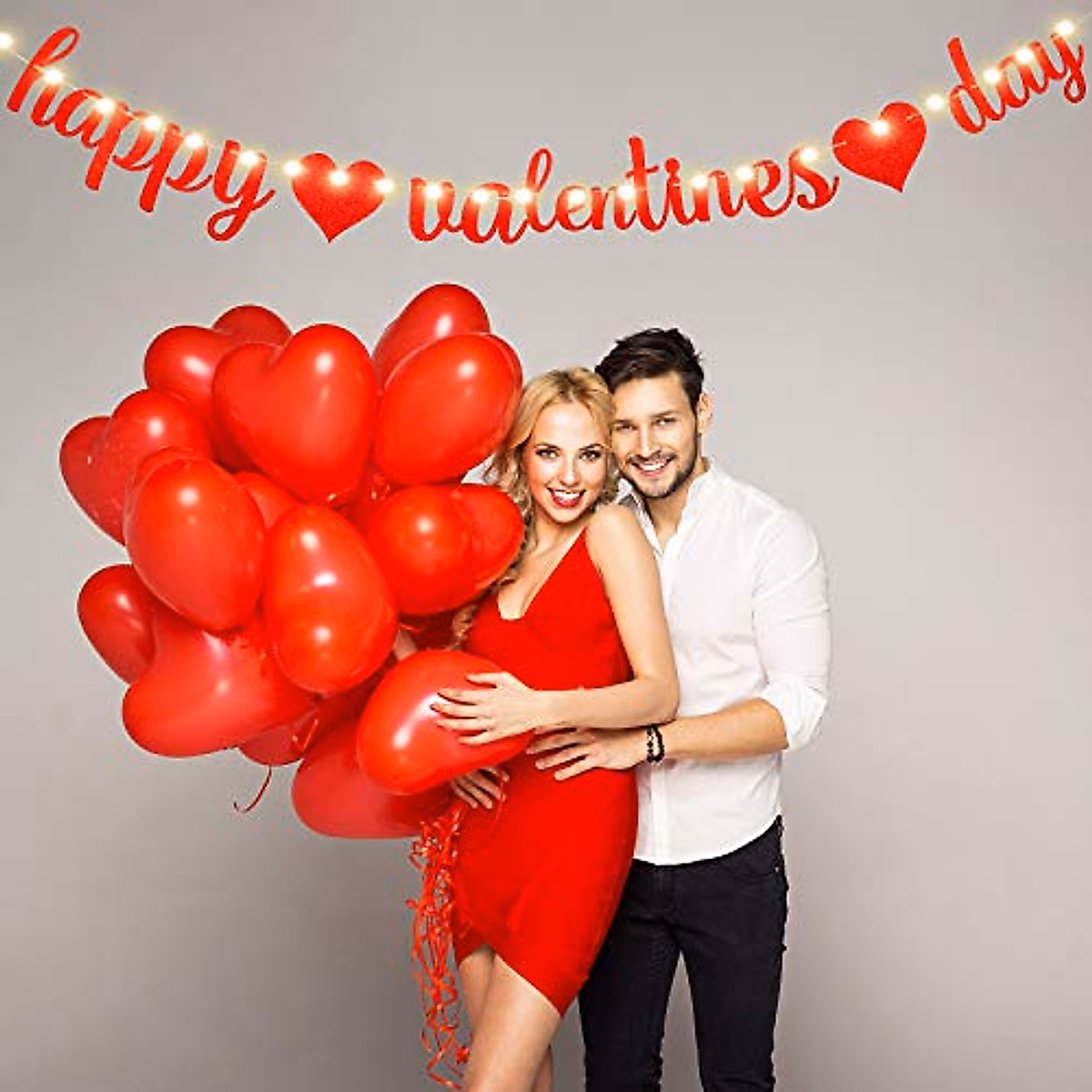 Happy Valentine’s Day Banner Red Glitter Heart Valentines Day Banner with 8 Shiny Molds Light String Valentines Garland Bunting Banner Supplies for Dating Holiday Party Decoration