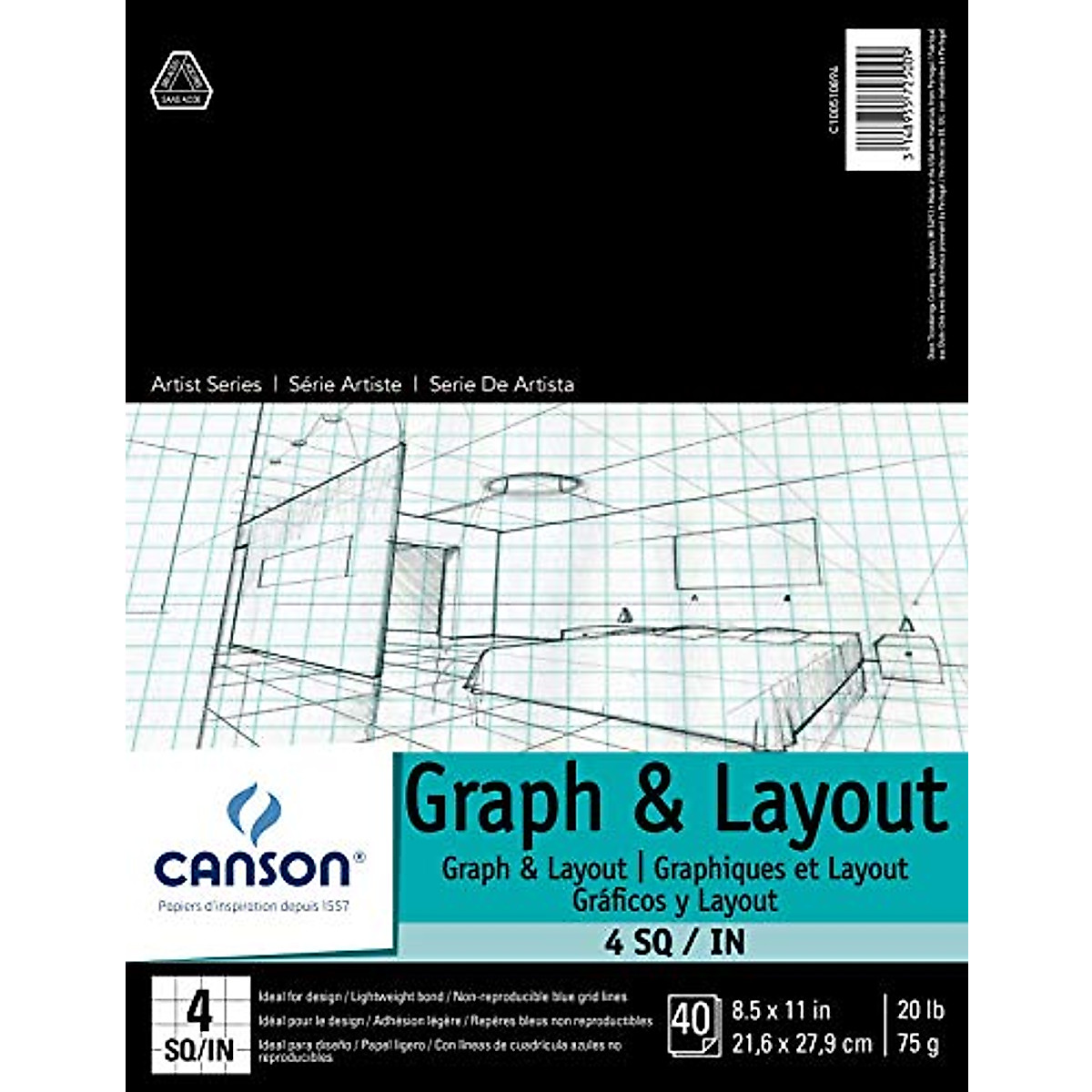 Canson Artist Series Graph and Layout Paper, 4 by 4 Blue Grid, Foldover Pad, 8.5x11 inches, 40 Sheets (20lb/75g) - Artist Paper for Adults and Students - Colored Pencil, Marker, Ink, Pen