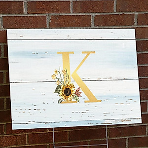Floral Monogram Letter Golden Letter K Sunflower Lawn Yard Signs Alphabet Letter Corrugated Plastic Sign for Garage Sales Rent Open House Construction 12"x18"
