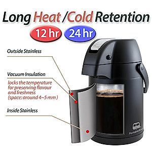 101 Oz (3.0L) Airpot Coffee Carafe with Pump, Stainless Steel Double-wall Insulated Vacuum Thermal Hot Coffee Dispenser, 12 Hour Heat 24 Hour Cold Retention, Matte Black-PortableAnd