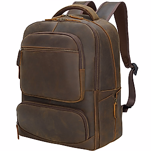 Masa Kawa Large Full Grain Leather 17.3" Laptop Backpack for Men Vintage Brown College School Bookbag Business Travel Work Casual Daypack Rucksack Bag