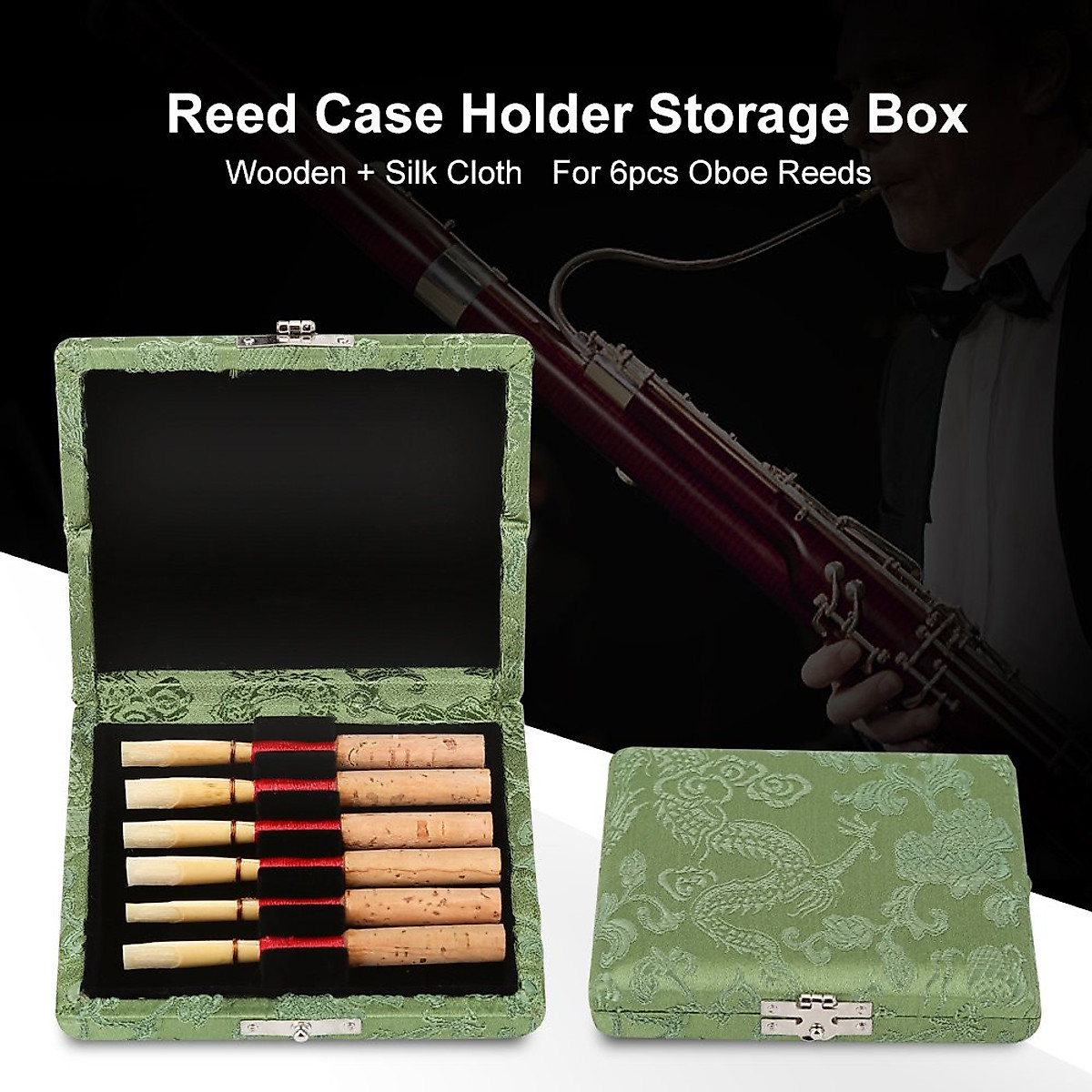 Oboe Reed Case,Protect Against Moisture Wooden + Silk Cloth Cover Reed Case Holder Storage Box for 6pcs Oboe Reeds Maple Wooden (Green)