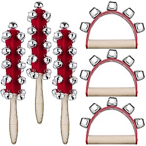 6 Pieces Christmas Hand Jingle Bells Wooden Hand Sleigh Bells Jingle Shaker Bells Handhold Bell Rattles Musical Bell Instruments Handheld Bells Holiday Christmas Decor (Red)