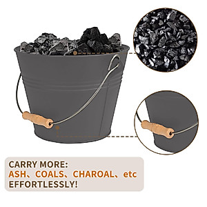 Poofzy Ash Bucket with Lid, 1.3 Gallon Ash Bucket for Fireplace, Metal Fireplace Bucket for Ashes Includes Shovel and Hand Broom for Wood Burning Stove and Fire Pit - Gray