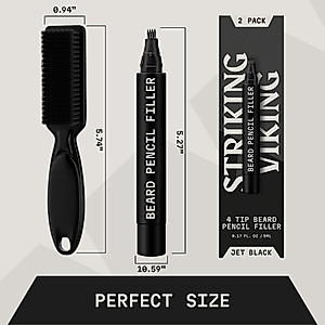 Striking Viking 2 Pack Beard Pencil Filler for Men with 4 Tips (Jet Black) - Fill, Shape & Define with this Long-Lasting, Waterproof Beard Pen Kit Including Brush