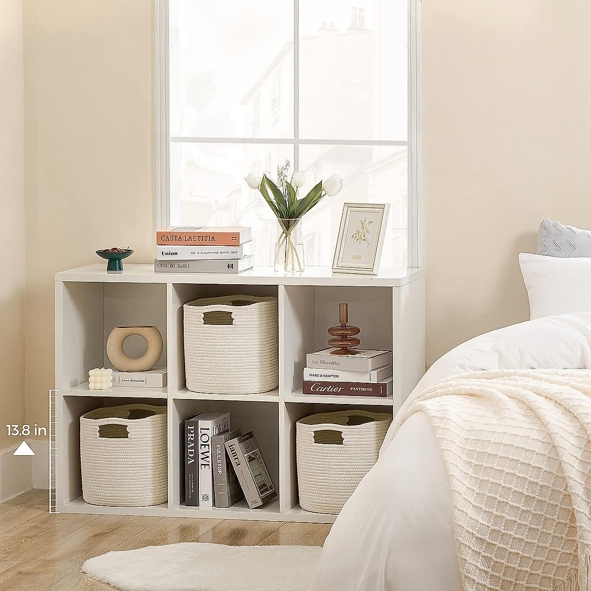 UBBCARE Set of 3 Cotton Rope Basket 13 X 13 X 13 Inches, Woven Storage Baskets for Shelves, Organizing with Handles, Cube Storage Bins for Storage Books, Magazines, Beige