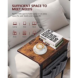 Evermagin C Shaped End Table with Charging Station, Small Side Table for Recliner, Over Couch Table with Outlet and Storage Bag, Slide Under Sofa Tray Table for Living Room, Bedroom, Rustic Brown