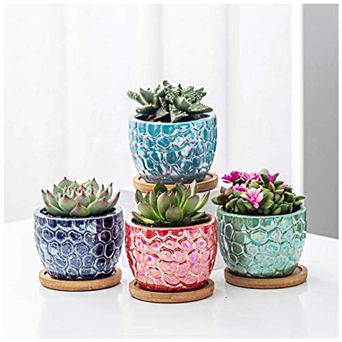 Segreto Succulent Plant Pots Marbling Pattern Flower Pots Ceramic Planter for Cactus Plants Container Bonsai Pots with Bamboo Tray and Drainage Hole for Home Decor,Set of 2