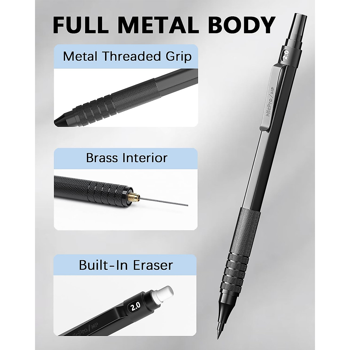 Nicpro Black Metal 2.0 Mechanical Pencil Set with Case, 3 PCS Drafting Lead Holder with 2mm Graphite Lead Refill (HB 2H 4H 2B 4B) & Colors, Sharpeners, Erasers for Artist Writing, Drawing, Sketching