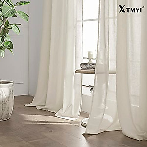 XTMYI 108 Inch Linen Curtains 2 Panels,with Heading Tape Hooks for Track System Back Tab,Stone Washed Cotton Flax Weave Sheer Extra Long Curtain for Living Room Bedroom,Cream(Ivory/Off White)