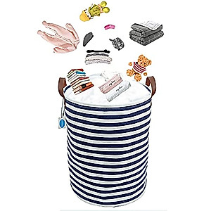 Casaphoria Drawstring Laundry Basket Freestanding with Lid,Lightweight Collapsible Waterproof Canvas Storage Bag with Handle for Livingroom Organizer,Dirty Clothes Hamper for Bedroom,48L Navy Stripe