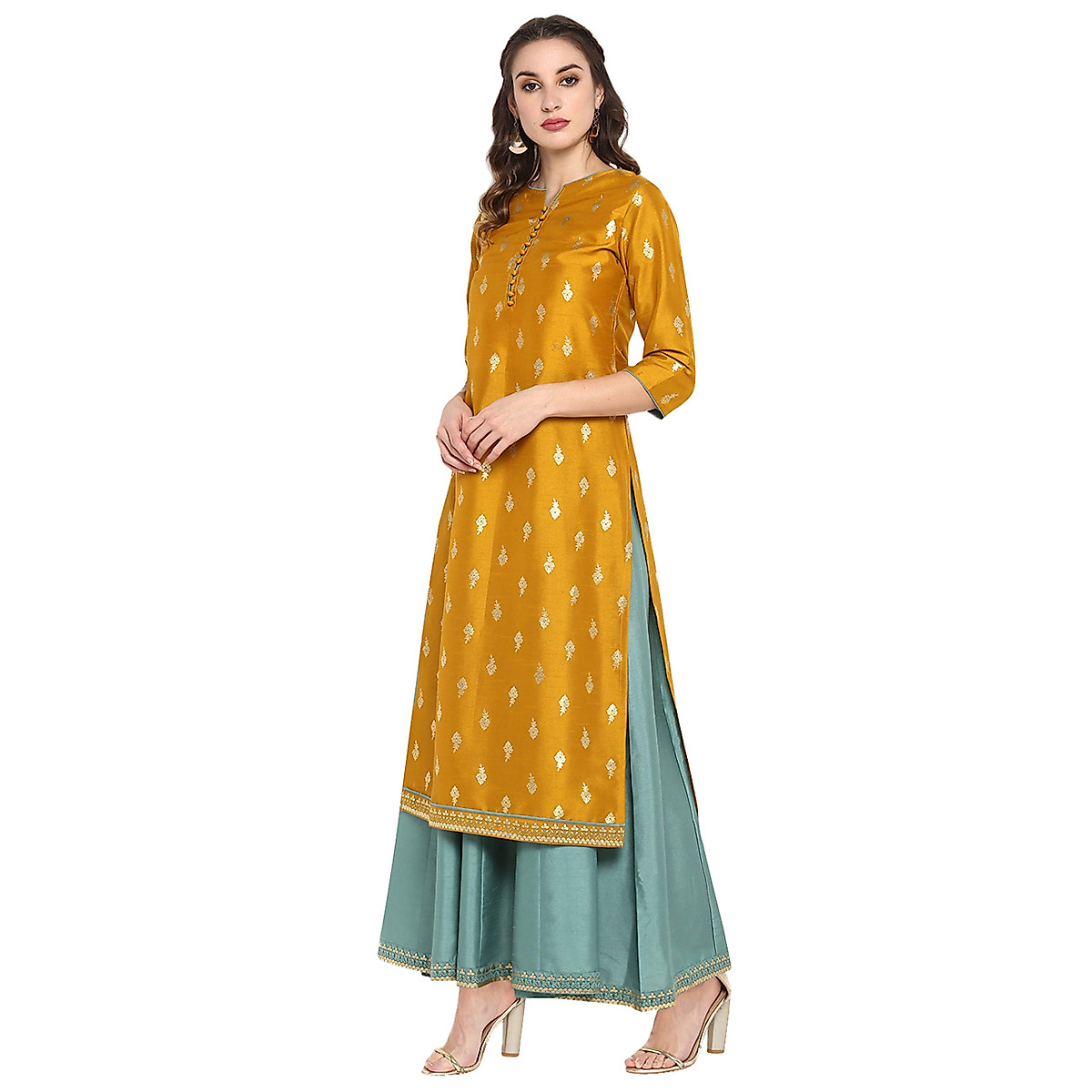 Janasya Indian Women's Mustard Foil Printed Poly Silk Ethnic Dress