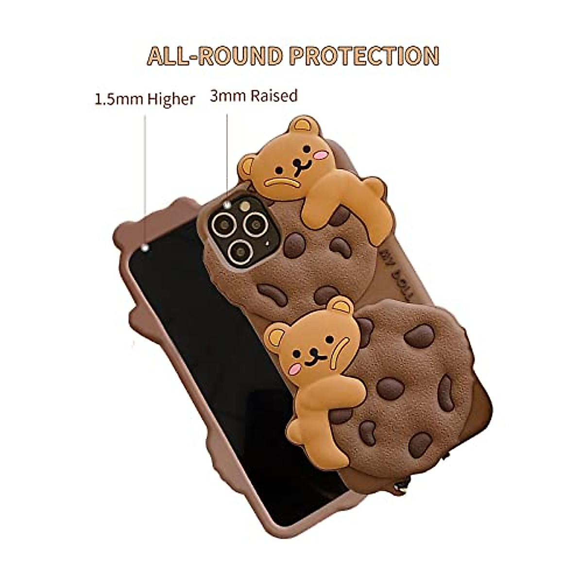 SGVAHY Case for iPhone 11 Case Cute with Lanyard Keychain Kawaii Phone Cases 3D Cartoon Bear Cookie iPhone Case Soft Silicone Shockproof Protective Case Cover for Women Girls Khaki