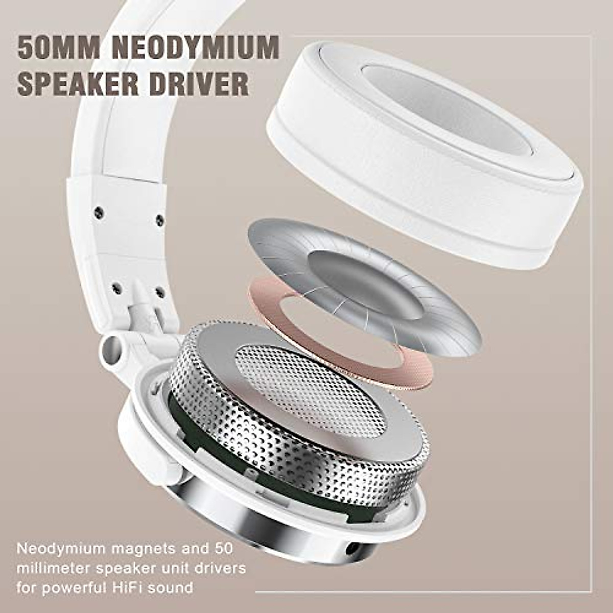 Nasuque Over-Ear Headphones, Foldable Headsets with Stereo Sound, Powerful Bass Headphones with Protein Memory Foam Ear Pads, 50mm Neodymium Drivers for Electric Drum Piano Guitar AMP (Silver)