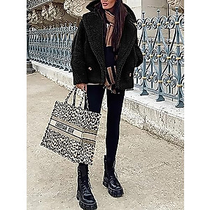 PRETTYGARDEN Womens 2023 Winter Fashion Sherpa Coats Lapel Fleece Jacket Long Sleeve Pockets Faux Fur Dressy Fall Outfits (Black,Small)