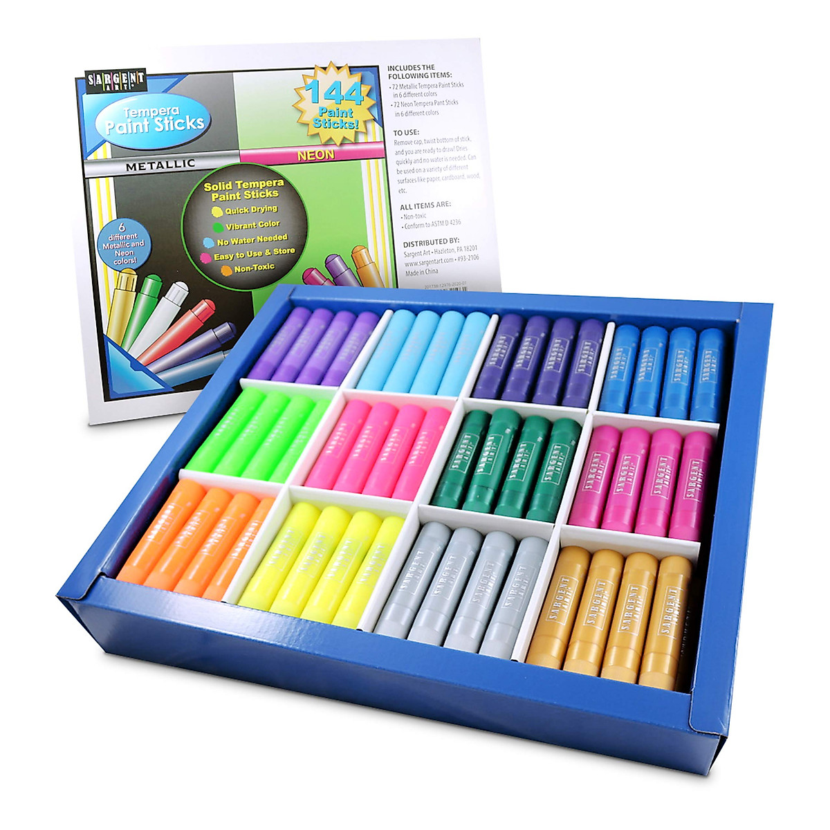 Sargent Art 81-0008 144 Metallic and Neon Solid Tempera Paint Sticks, 72 Sticks in 6 Colors of Vibrant Metallic & Neon, Quick Drying, Easy Clean Up, Classroom Pack, Kids Poster Painting and Crafts