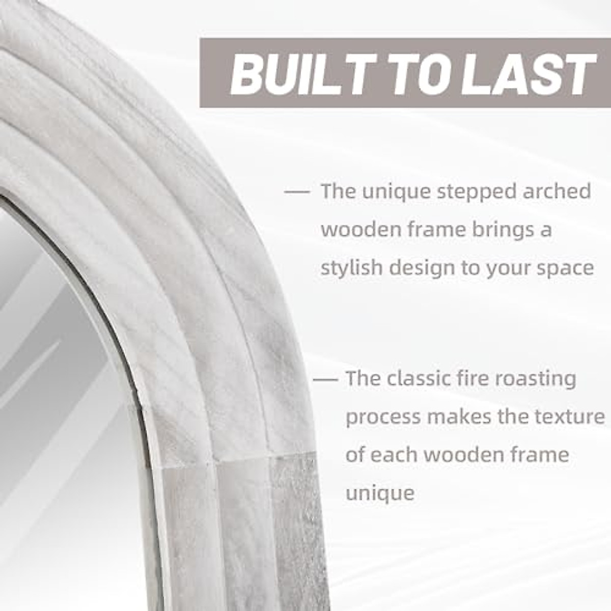 ZHUNFA Arched Full Length Mirror with Solid Wood Frame, 65x22 Farmhouse Wall Mirror Full Length with Stand, Rustic White