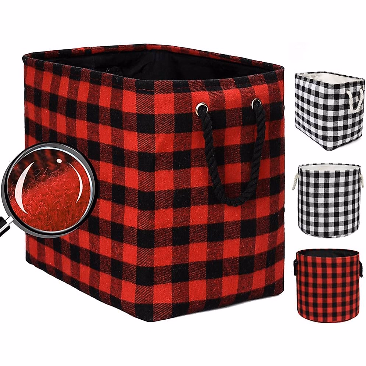 Large Rectangular Foldable Storage Laundry Baskets with Cotton Rope Handles Nursery Soft Felt Fabric Bins Delicate Home Organizer Solution, Red Black Grid, L