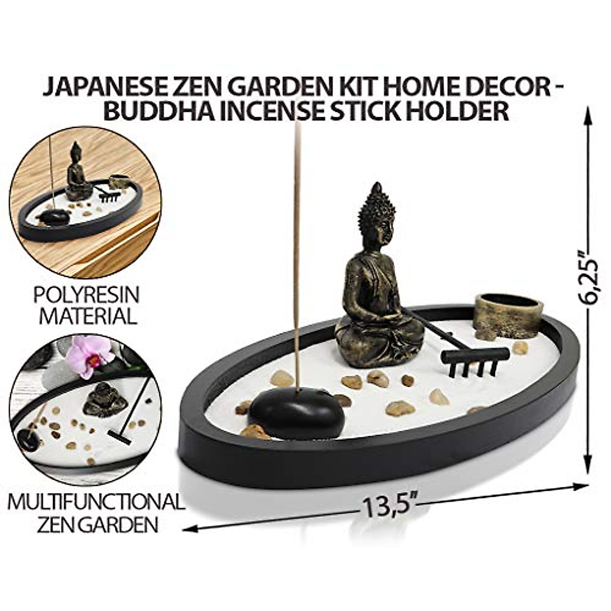 Japanese Zen Garden Kit Home Decor - Buddha Incense Stick Holder Office Desk Accessories - Zen Garden Sand Corner Desk Office Decor - Buddha Statue Table Top - 13.5" x 6.25" x 5"