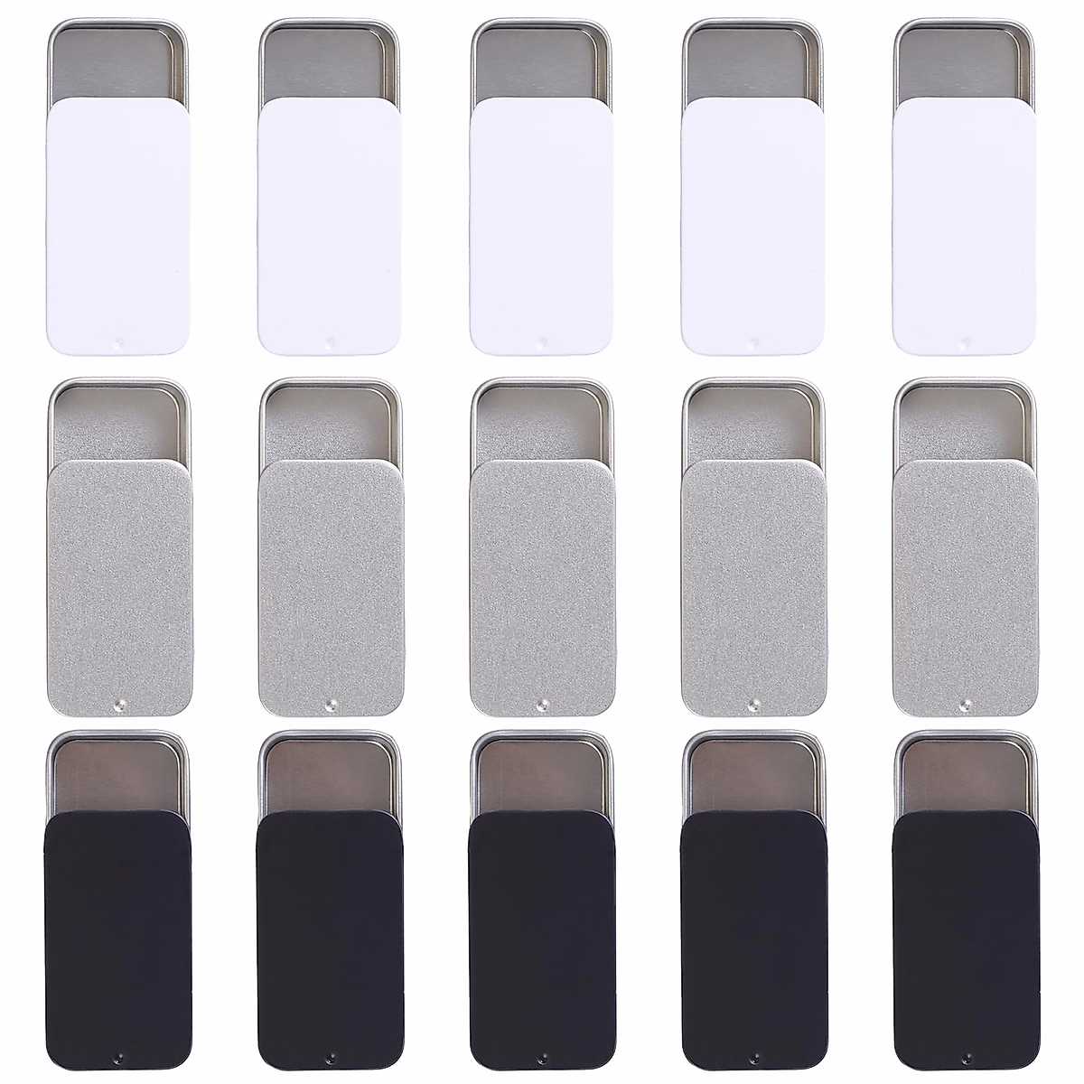 15 Pcs Slide Top Tin Containers Mini Metal Tin Box Containers Storage Boxes with Lid for Small Items for Candies Jewelry Crafts Pills Survival Kit (black white silver)