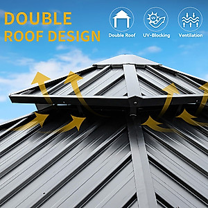 DWVO 10x10ft Hardtop Gazebo Double Roof with Nettings and Curtains, Heavy Duty Galvanized Steel Outdoor Vertical Stripes Roof for Patio, Backyard, Deck, Lawns, Brown