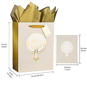 LeZakaa 13" Cross Gift Bag, Gold Christian Gift Bag with Tissue Paper, Gift Tag and Card for Christenings, Religious First Holy Communion, Confirmation, Weddings, Clergy Day
