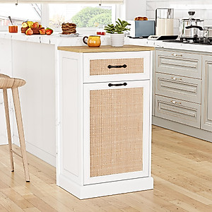 CABIHOME Rattan Tilt Out Trash Cabinet, Freestanding Trash Can Cabinet 10 Gallon Storage, Hidden Pet-Proof Garbage Can Cabinet Laundry Hamper for Kitchen Dining Living Room