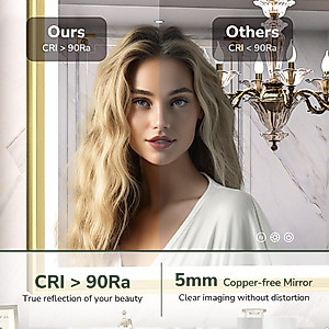 TokeShimi 30x36 Inch Gold Light up Bathroom Vanity Mirror with Front Lights and Backlit for Wall Aluminum Alloy Frame Rectangle Beveled Edge Tricolors Stepless Dimmable Anti-Fog Memory Function