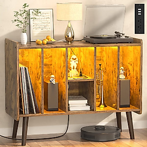 Unikito Large Record Player Stand with Vinyl Storage and LED Light, Vinyl Record Storage Cabinet with Power Outlet, Record Player Table, Turntable Stand with Wood Legs for Living Room, Bedroom, Office
