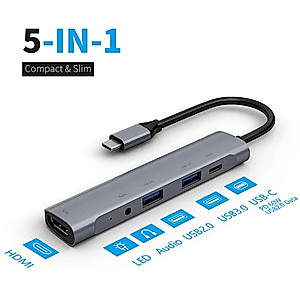 USB C HUB, 5 in 1 Type C Port Adapter with HDMI 4K, 3.5mm Audio Output, USB 3.0, USB 2.0, USB-C PD Charging, Type-C Docking Station for MacBook pro, iPad, Nintendo
