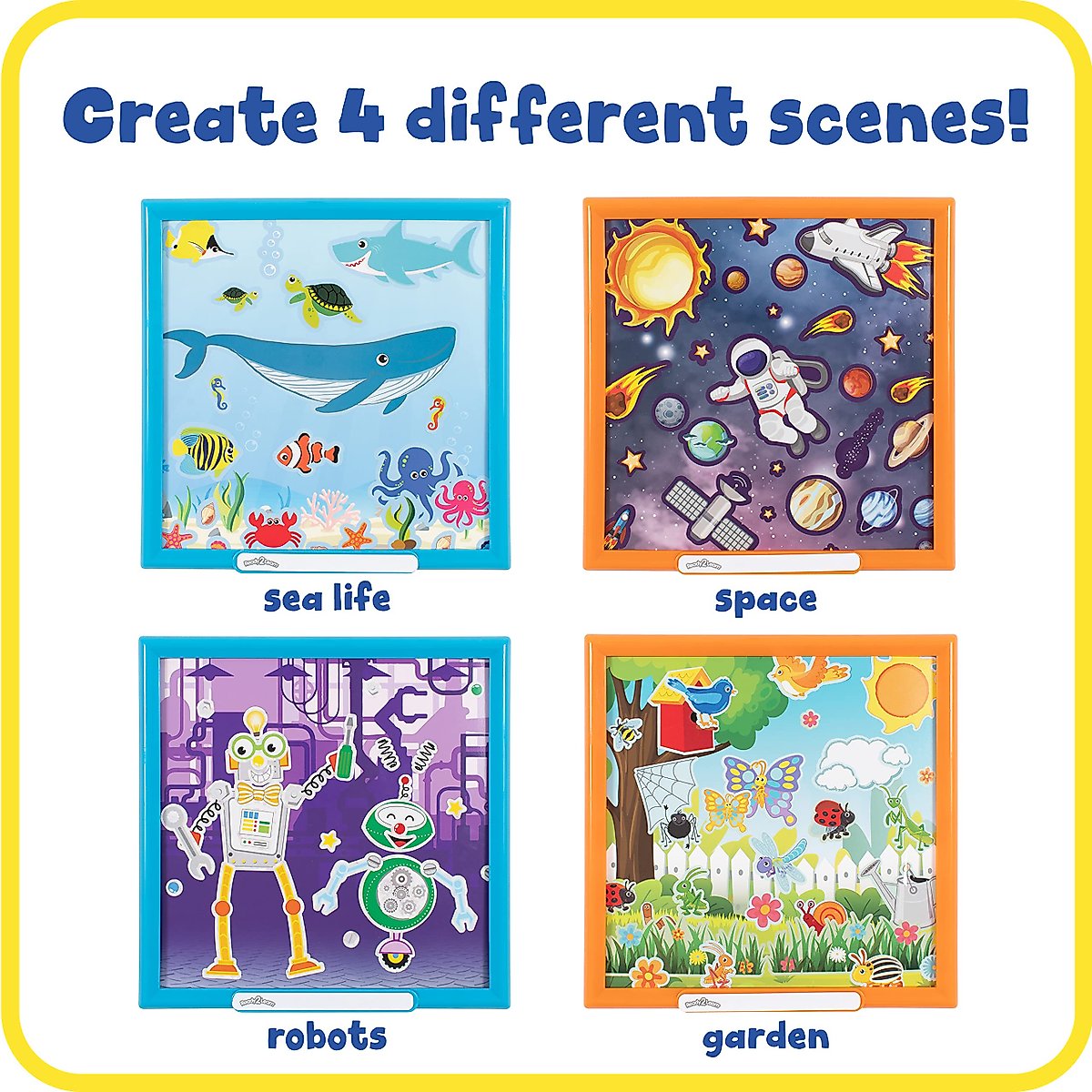 READY 2 LEARN Sticker Art Gallery - Craft Kit for Ages 3-5 - 200+ Stickers - 4 Backgrounds with Frames - Create Sea Life, Space, Robots, Garden Scenes