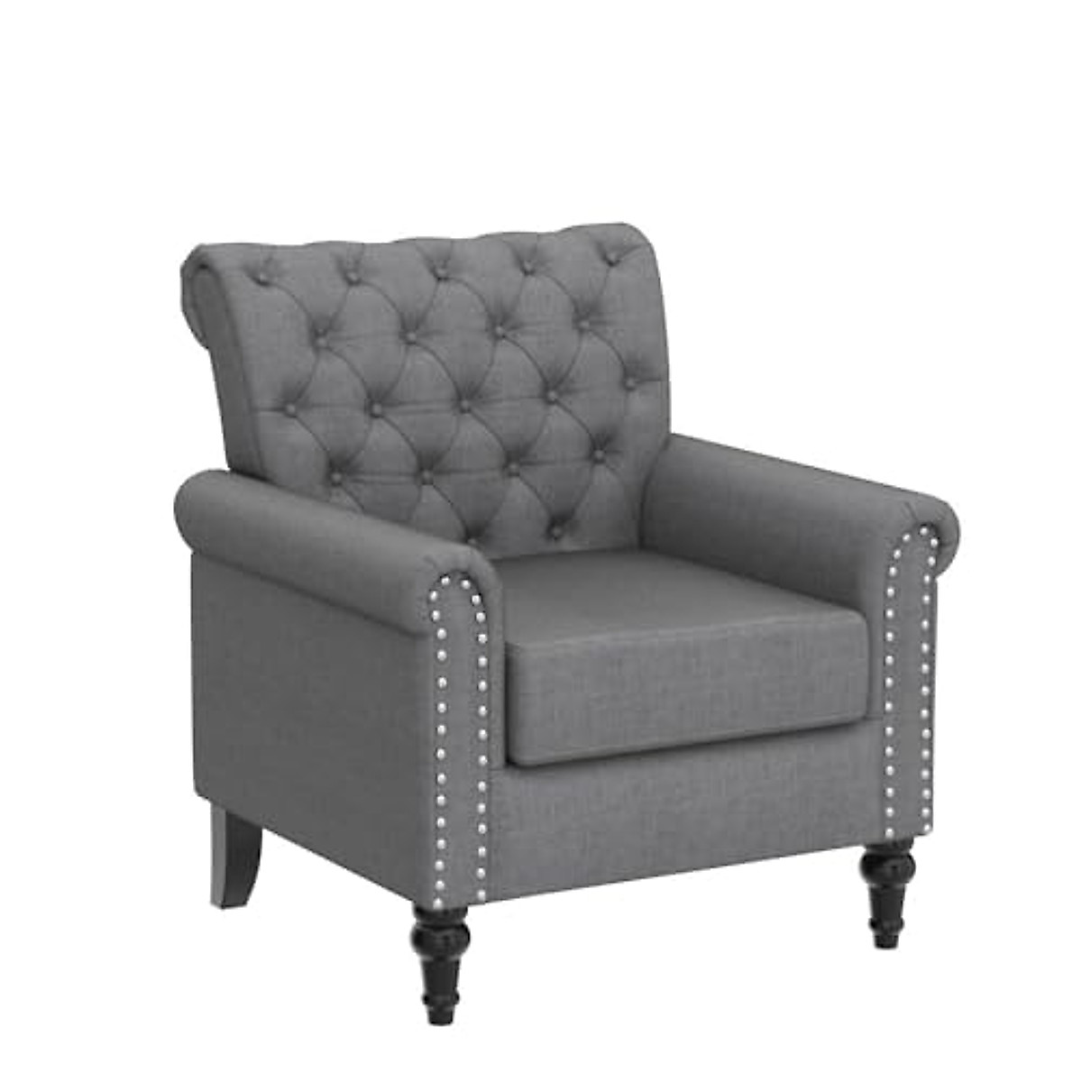 JOYBASE Mid-Century Modern Accent chair Armchair, Upholstered Club Reading Chair with Nailheads and Wood Legs Single Sofa Chair for Living Room Bedroom (Light Grey, Linen)