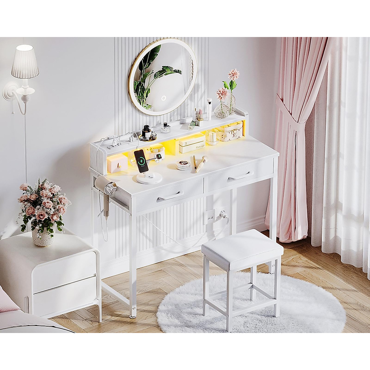 AODK Vanity Desk with Vanity Chair, Makeup Vanity with LED Lights, White Small Vanity Desk Without Mirror, 32 Inch Makeup Table for Small Space with 2 Fabric Drawers, Desk Make Up Vanity for Girls