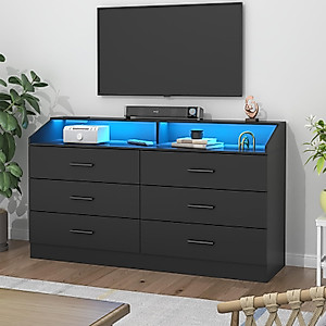 Gyfimoie 6 Drawer Dresser with Power Outlet, Chest of Drawers with LED Light, Modern Dresser with Open Storage Cubby, Double Wide Dresser Organizer for Bedroom, Living Room, Entryway, Hallway