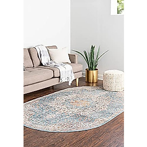 Unique Loom Newport Collection Area Rug - Elms (Oval 5' 3" x 8' 0", Blue/Ivory)