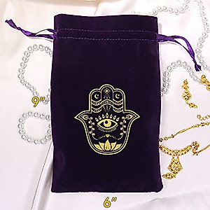ARTSY CRAFTS 6x9" Hamsa Hand Purple Velvet Jewelry Pouch Gift Bags, Fatima Hand Evil Eye Velvet Drawstring Bags, Tarot Rune bag, Dice Bag, Travel Bags (Eggplant Purple)