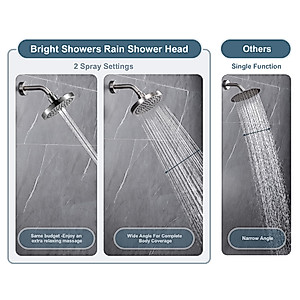 BRIGHT SHOWERS High Pressure Shower Head, 6 Inch Rain Shower Head, 2 Spray Settings Rainfall Shower Heads, Adjustable Angle Replacement Bathroom Showerhead, Easy Installation Brushed Nickel