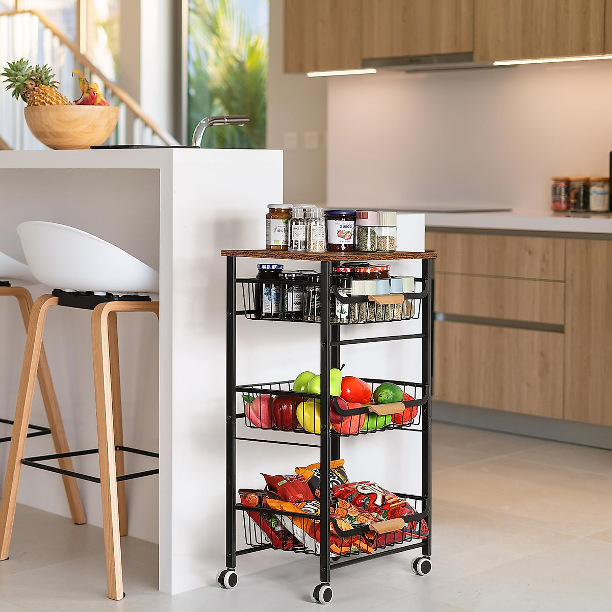 HEOMU 4 Tier Rolling Kitchen Storage Cart, Metal Snack Cart with Wheels, Kitchen Cart with Drawers for Kitchen, Bathroom, Living Room, Bar, Office, Black