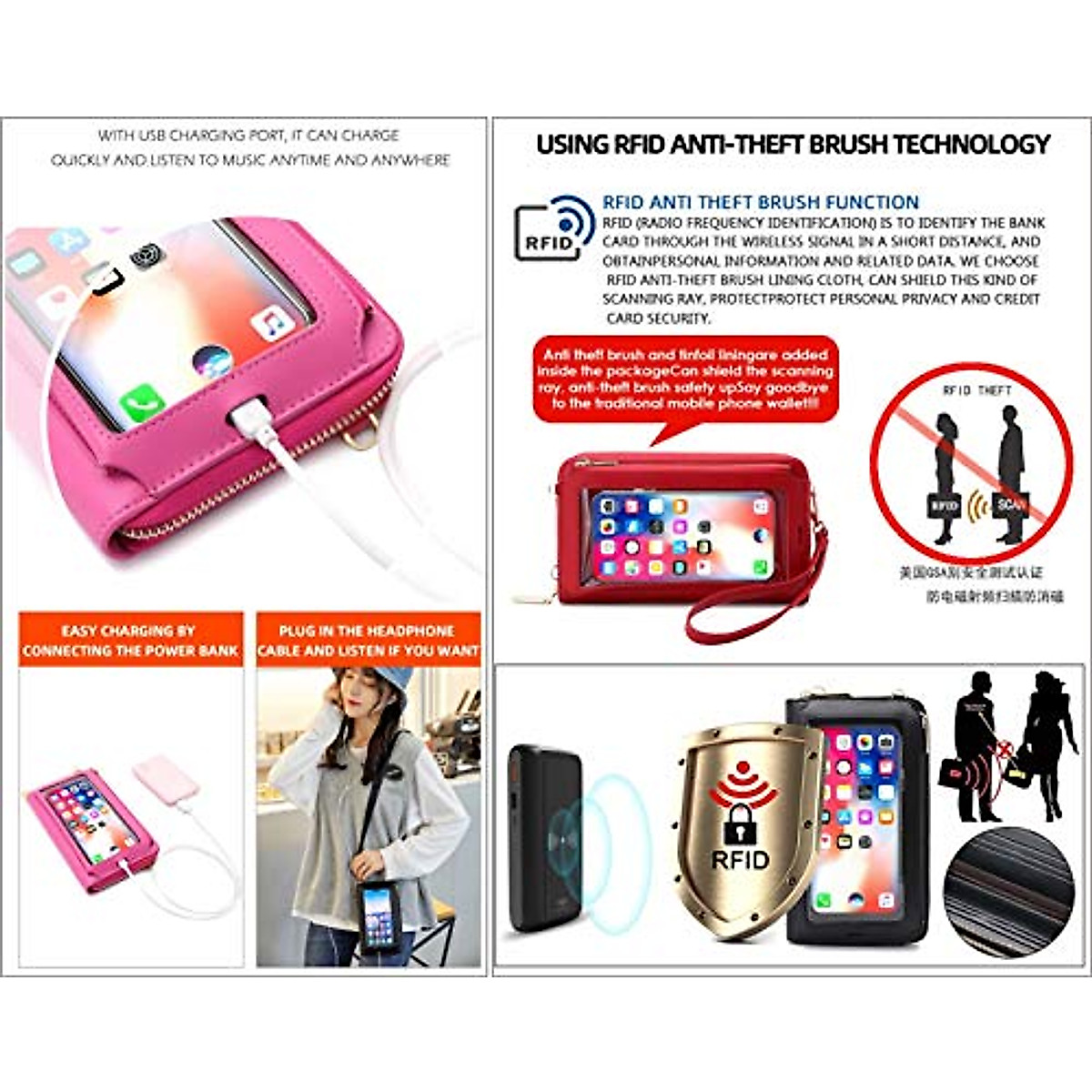 RFID Blocking Touch Screen Phone Bag Small Crossbody Bag Shoulder Handbag Wristlet for Women (E4 Black - Touch Screen)