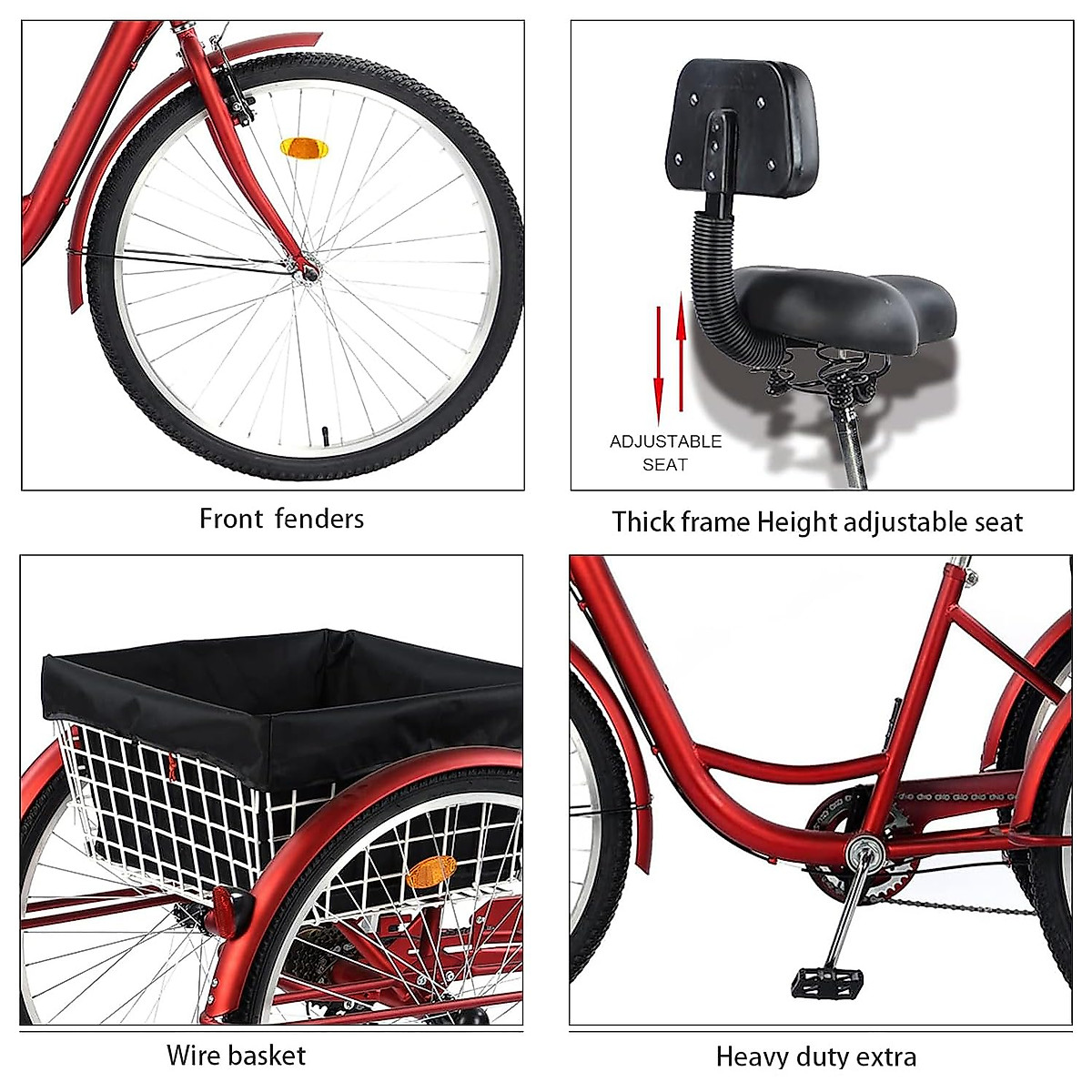 PRIJESSE 26 inch Adult Tricycle, 7 Speed 3 Wheel Bike for Women Men, Cruise Trike Bike with Shopping Basket, Adjustable Seat, Multiple Colors (RED)