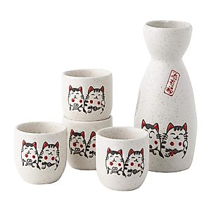 Mozacona Ceramic Lucky Cat Japanese Sake Set,1 Tokkuri Bottle and 4 Ochoko Cups