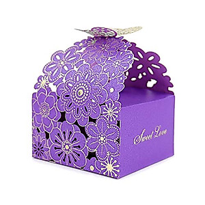 Kslong 50Pcs/Set Flower Butterfly Hollow Candy Box Cookie Gift Boxes Butterfly Party Decoration Wedding Favors Cute Chocolate Box for Wedding Bridal Birthday Party Supplies (Purple, S)