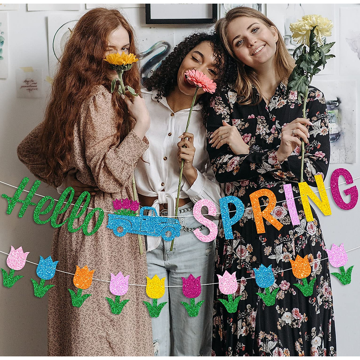 JKQ Glitter Hello Spring Banner with Tulip Truck Signs and Colorful Glittery Tulips Banner Hello Spring Tulips Flowers Garland Banner Spring Easter Birthday Party Fireplace Mantle Decorations
