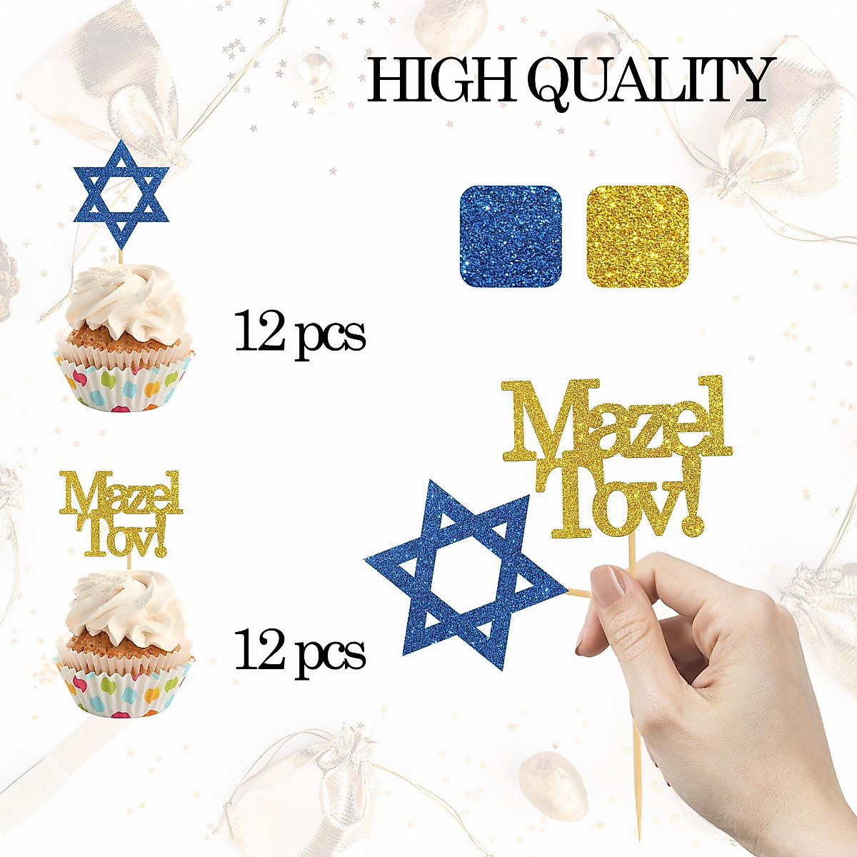 INNORU Mazel Tov Cupcake Toppers, Congratulations Party Decorations, Engagement, Baby Shower, Bar Mitzvah, Birthday, Wedding, Jewish Party Decorations Supplies, Pack of 24 Glitter