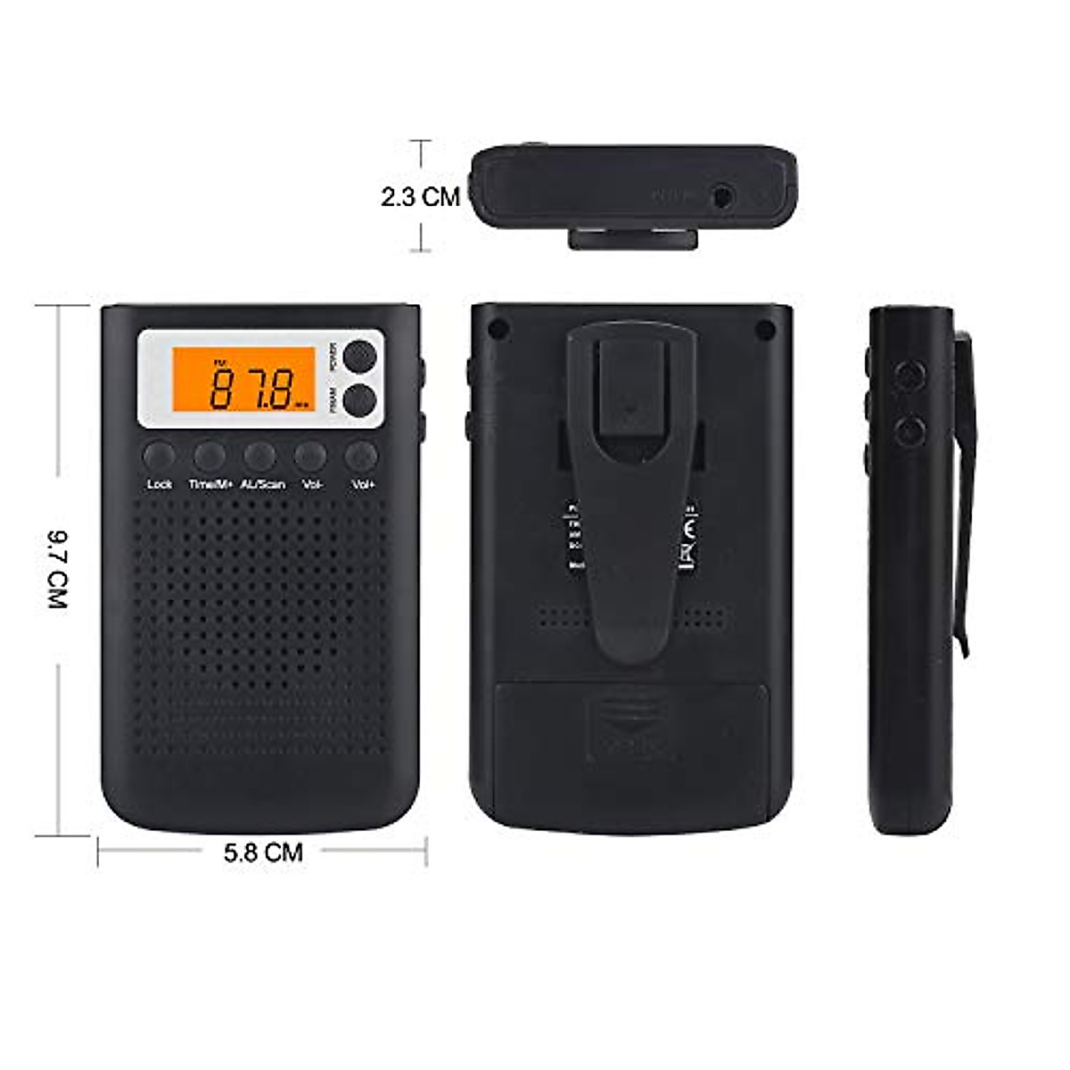 Portable Radio Emergency AM FM Radio Compact Portable Pocket Auto Search Battery Back Clip Player Outdoor (Black)