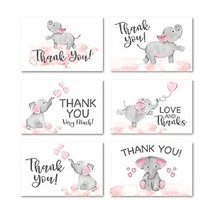 24 Pink Elephant Baby Shower Thank You Cards With Envelopes, Kids Thank You Note, Animal 4x6 Varied Gratitude Card Pack For Party, Girl Children Birthday, Cute Event Appreciation Stationery