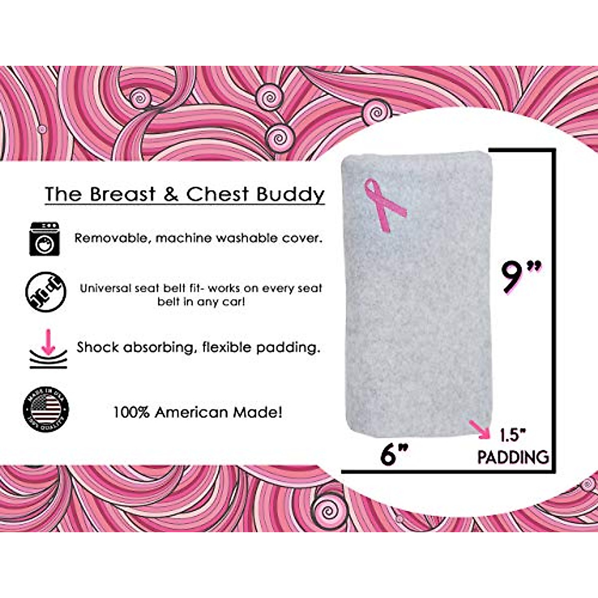 The Breast and Chest Buddy Mastectomy Pillow and Seatbelt Cushion for Mastectomy and Breast Reconstruction Sites Gray with Pink Ribbon