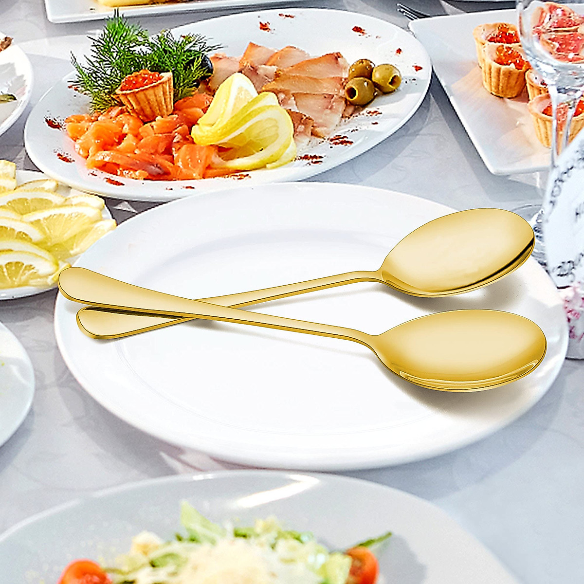 LIANYU Gold Serving Spoons Set of 6, 9.8 Inch Stainless Steel Large Dinner Buffet Catering Banquet Serving Spoons, Mirror Finish, Dishwasher Safe