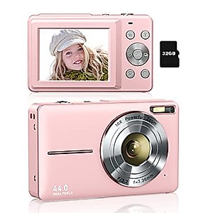 Digital Camera for Kids, Lecran 1080P 44MP Kids Camera with 32GB Card Point and Shoot Camera with 16X Zoom, Compact Portable Cameras Christmas Birthday Gift for Children Kids Teens Girl Boy(Pink)